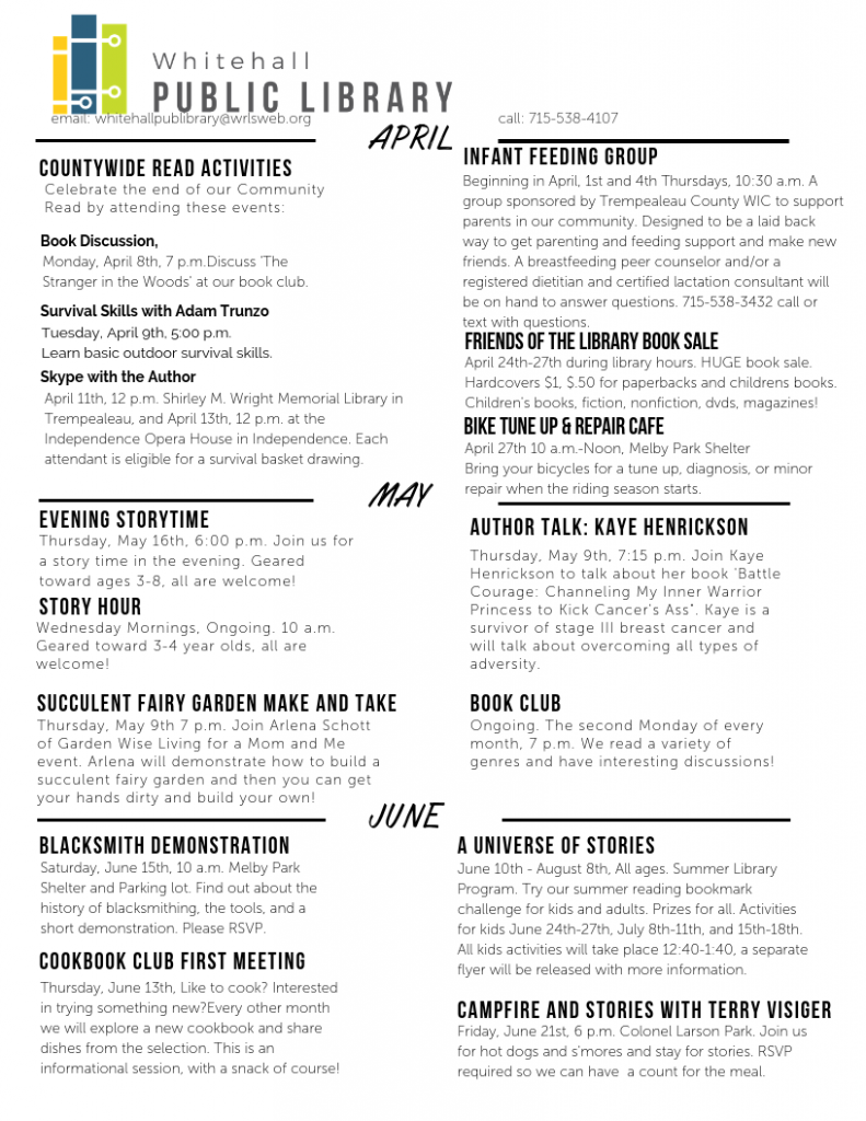 Library Program menu April-June – Whitehall Public Library – Whitehall, WI