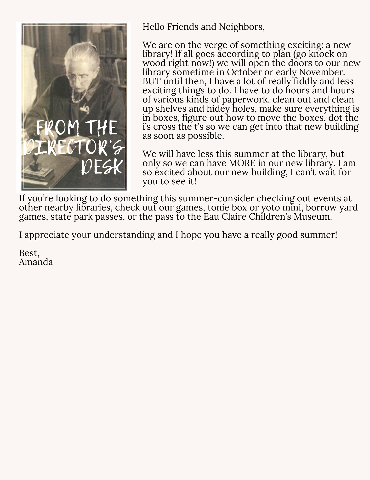 From the Director’s Desk – Whitehall Public Library – Whitehall, WI